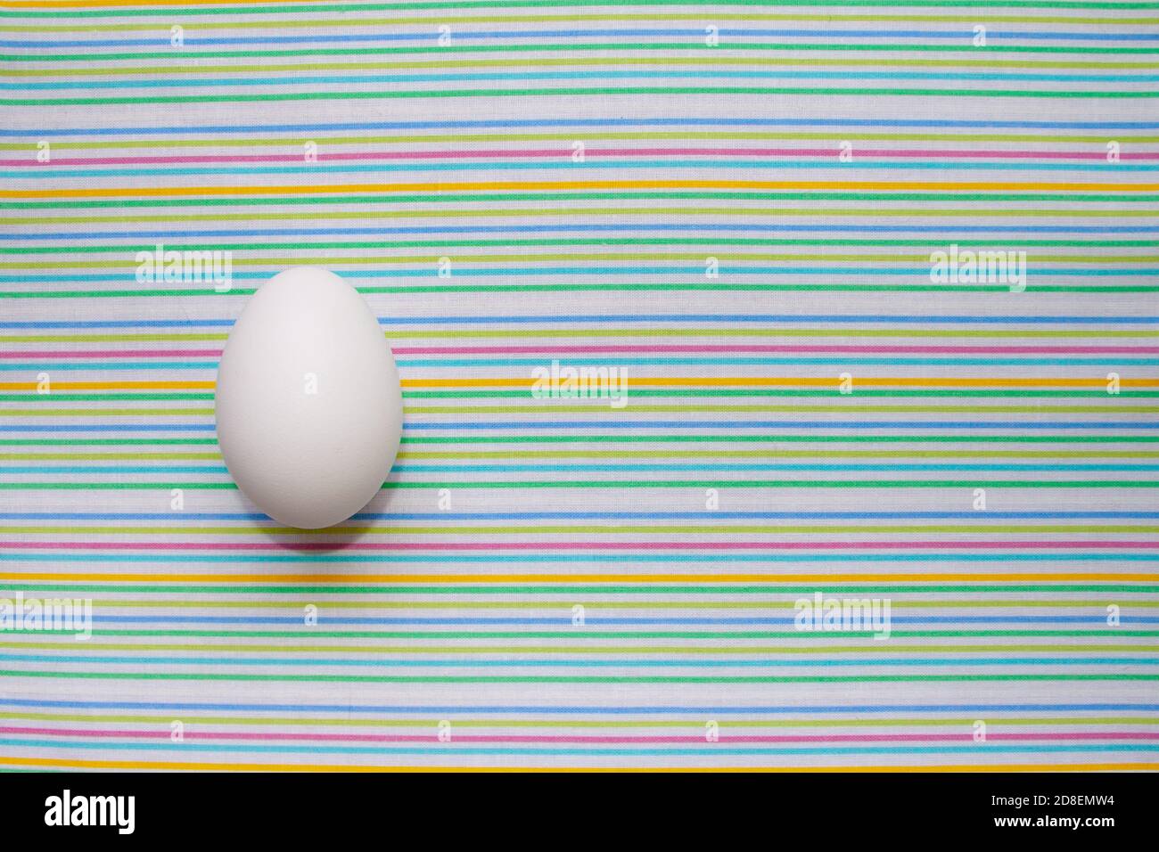 white chicken egg on a bright striped table cloth. Design for poultry ...