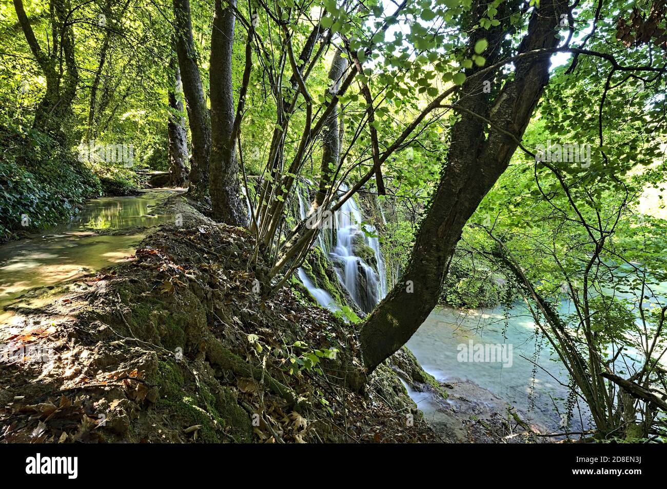 Skra Waterfall in Greece shot from the path heading to the swim entry ...