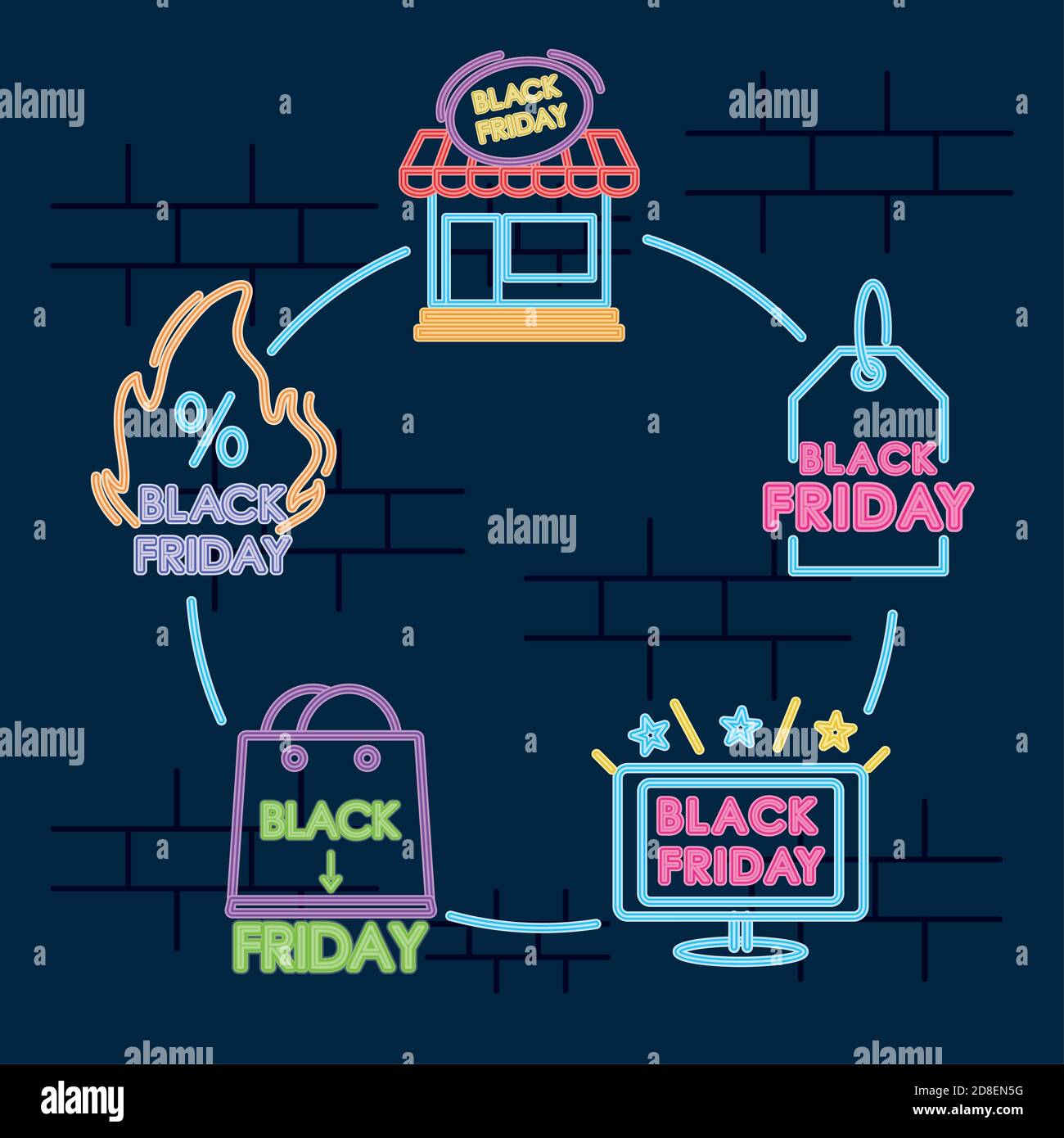 icon set of black friday designs over blue background, colorful neon ...