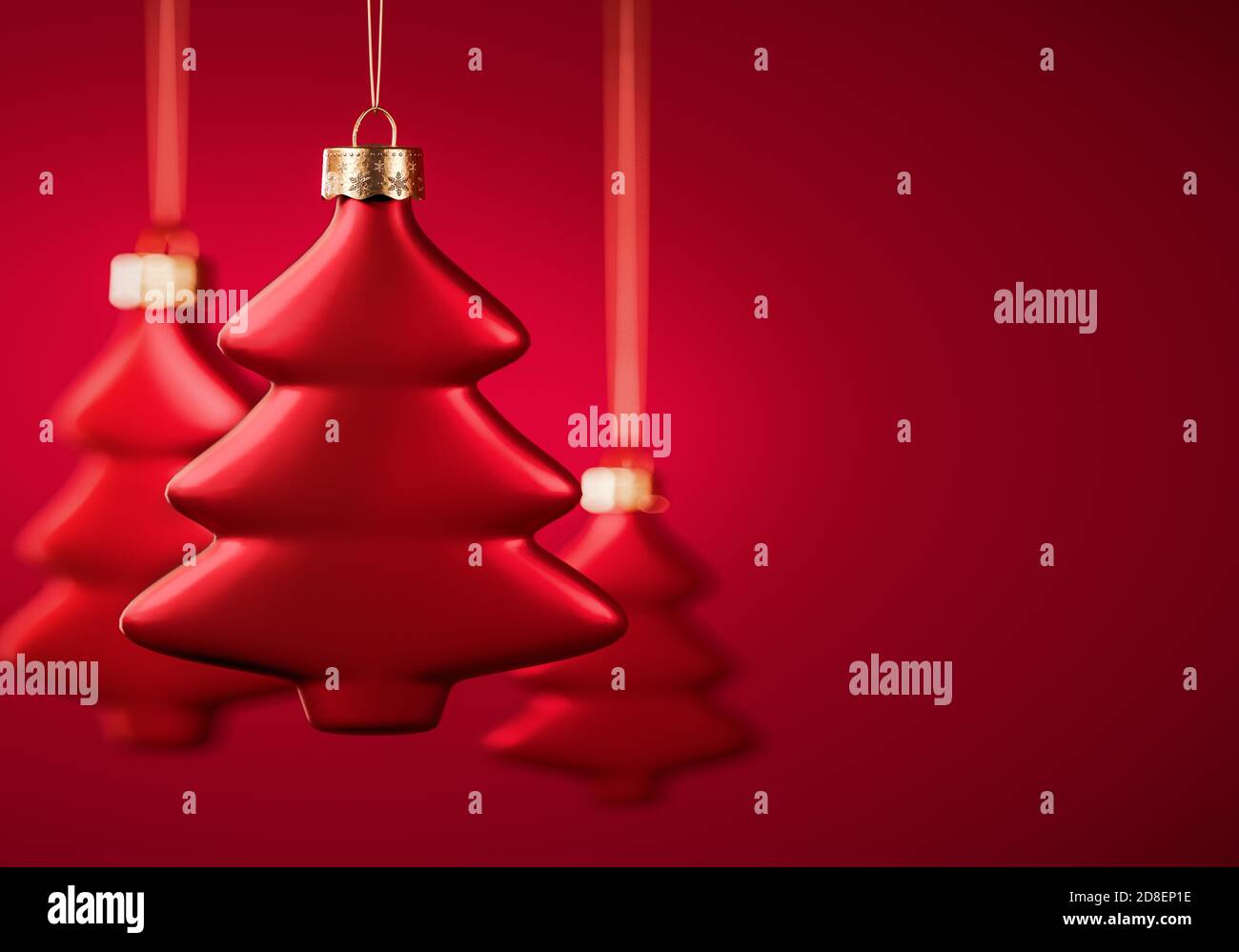 Group of three red Christmas balls. Tree shape baubles hanging on ...