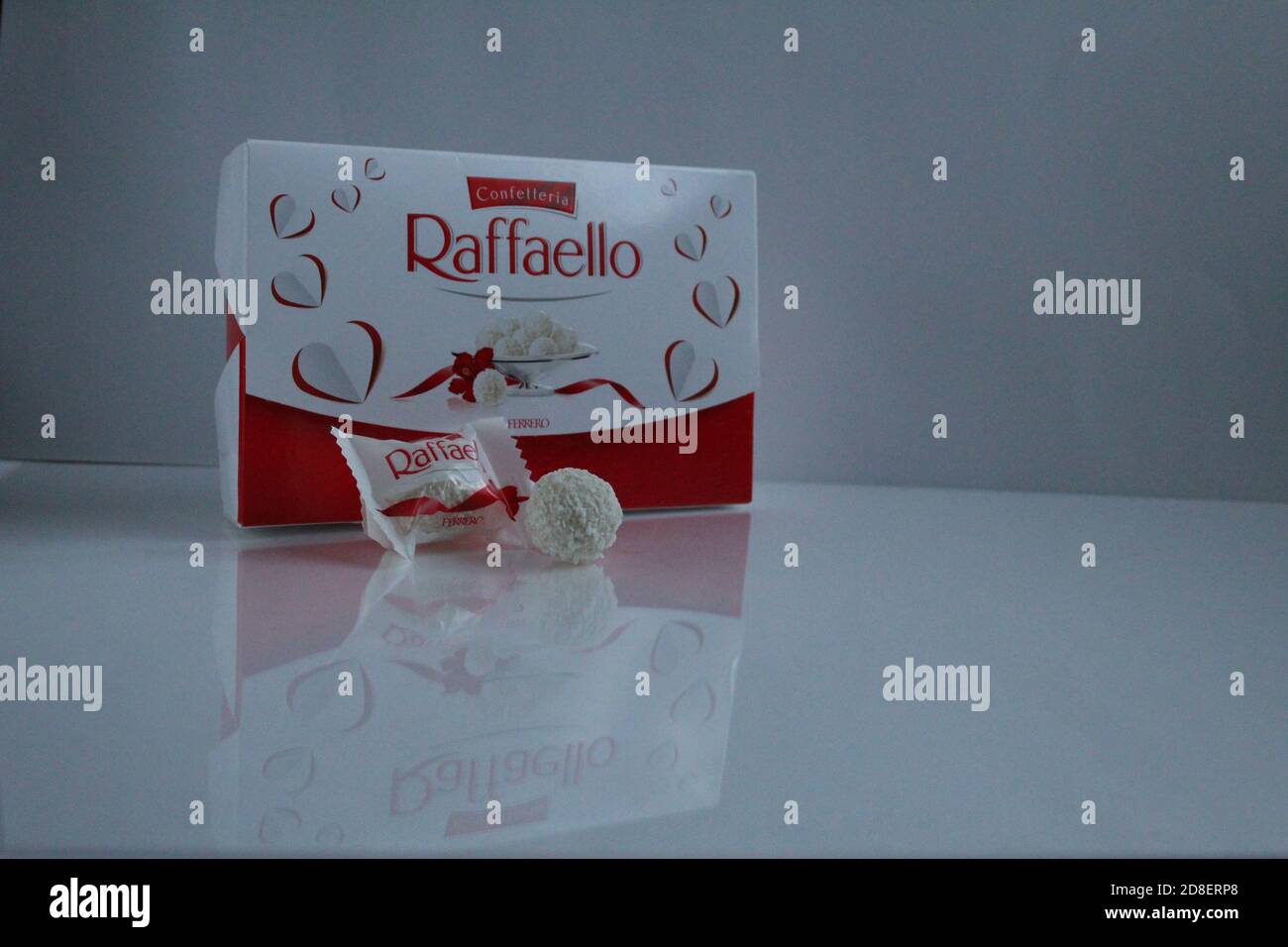 Raffaello's candy and gift box stands on a white gray light background ...