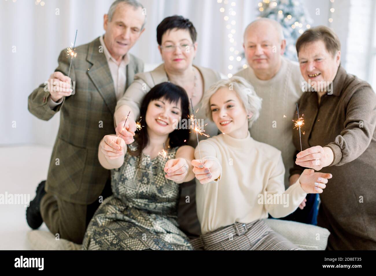 Happy big family of three generations, gransparents, parents and two ...