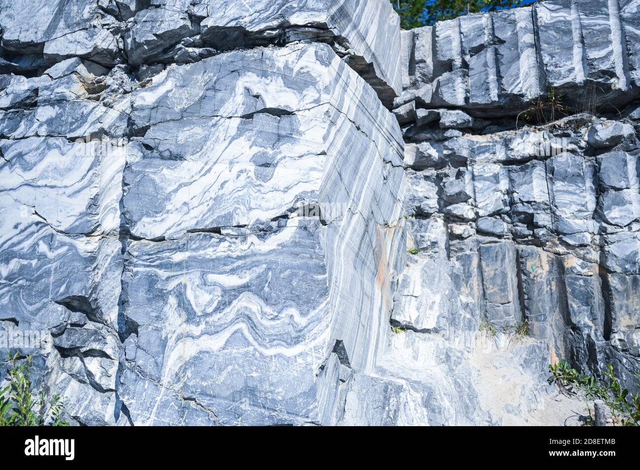 Rock cut raw surface of white and grey marble in the natural ...