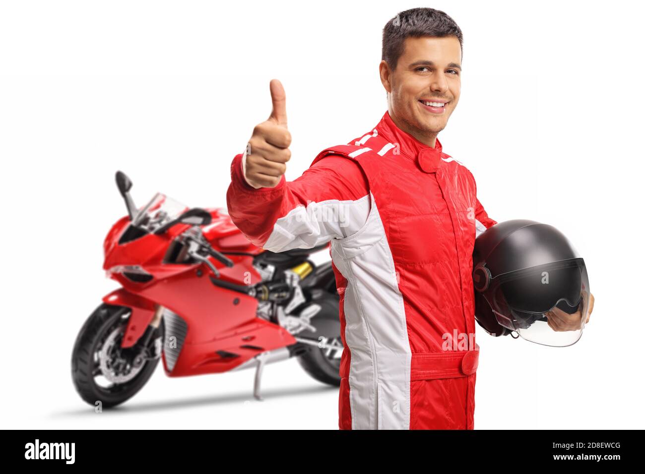 Motorbike racer holding a helmet and showing thumbs up isolated on ...