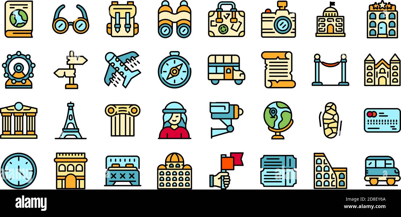 Sightseeing icons set. Outline set of sightseeing vector icons thin ...