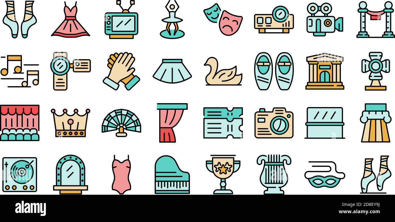 Ballet icons set. Outline set of ballet vector icons thin line color ...