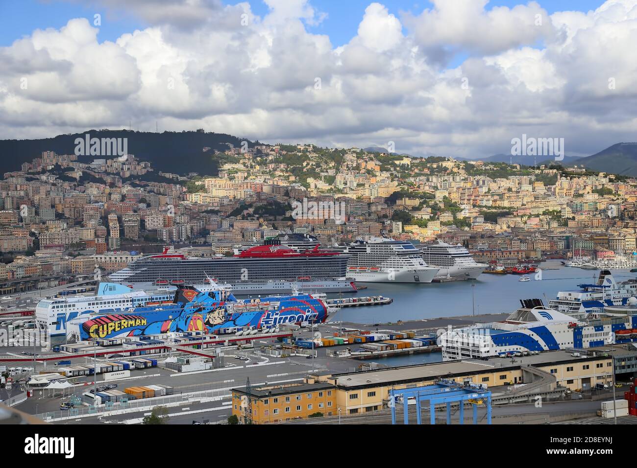 Italy, Genoa, 30 August 2020. Large cruise ships and ferries docked in ...