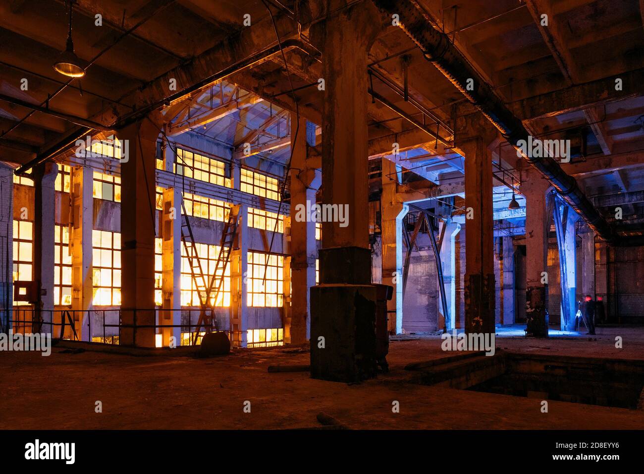 Dark creepy empty abandoned industrial building interior at night Stock ...