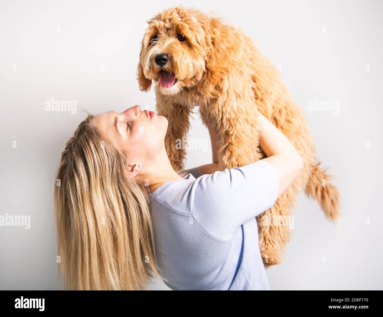 woman with his Golden Labradoodle dog isolated on white background ...