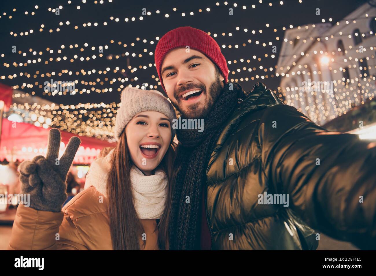 Photo of two people best friends take selfie make v-sign under outside ...