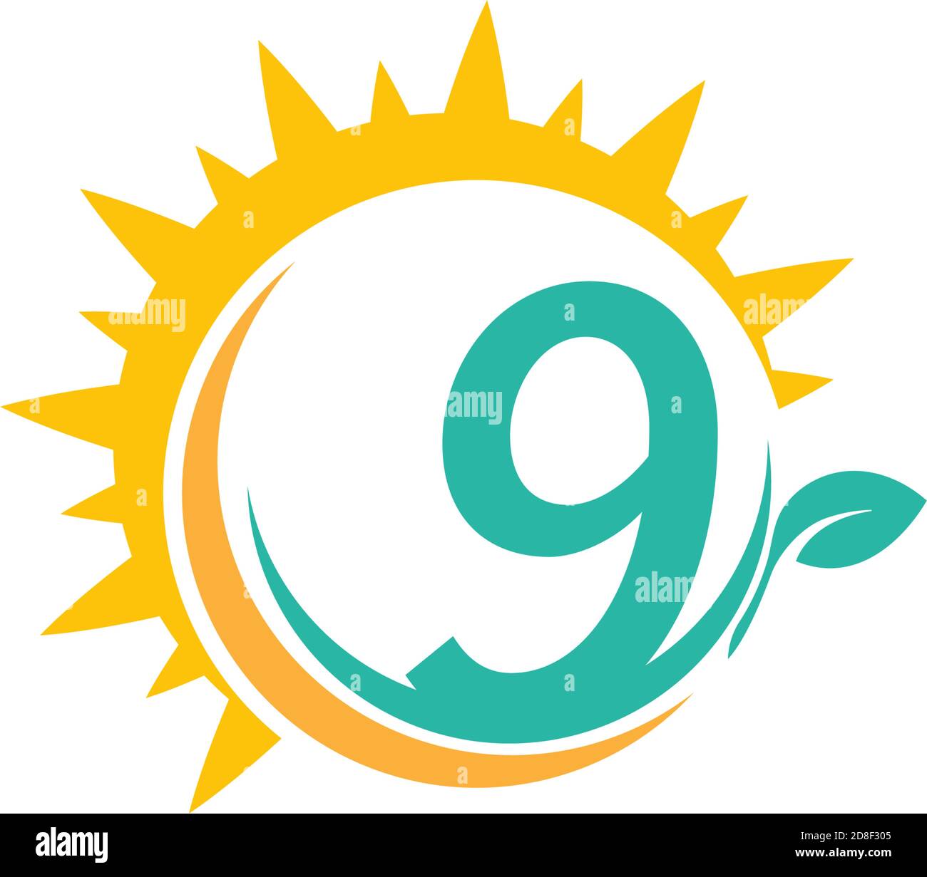 Number 9 icon logo with leaf combined with sunshine design concept ...