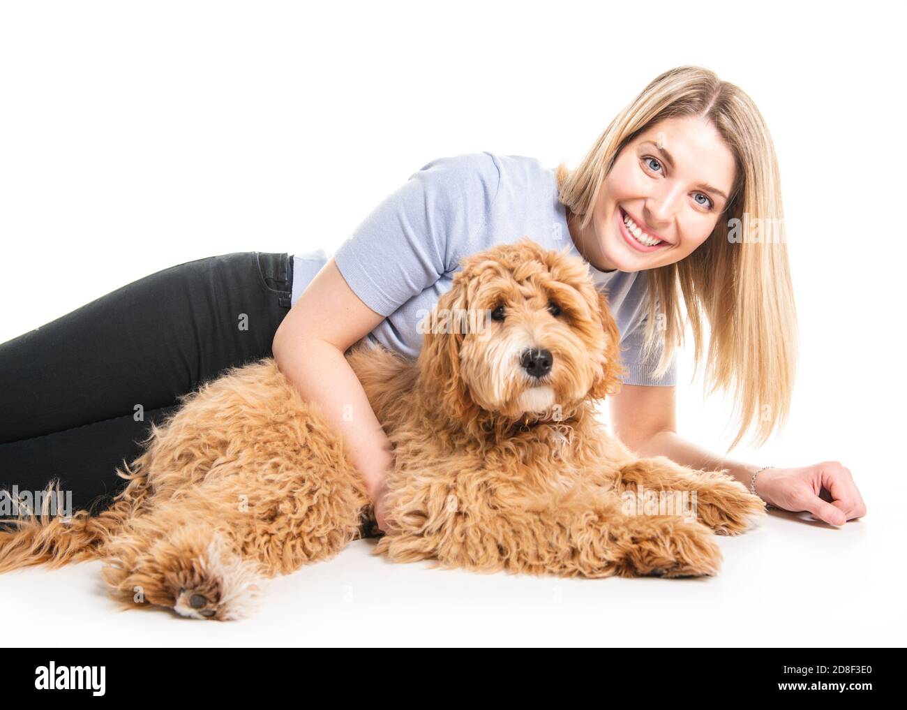 woman with his Golden Labradoodle dog isolated on white background ...