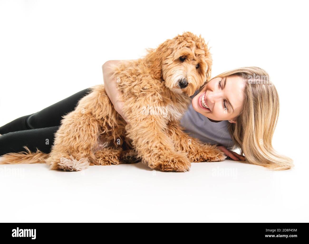 woman with his Golden Labradoodle dog isolated on white background ...