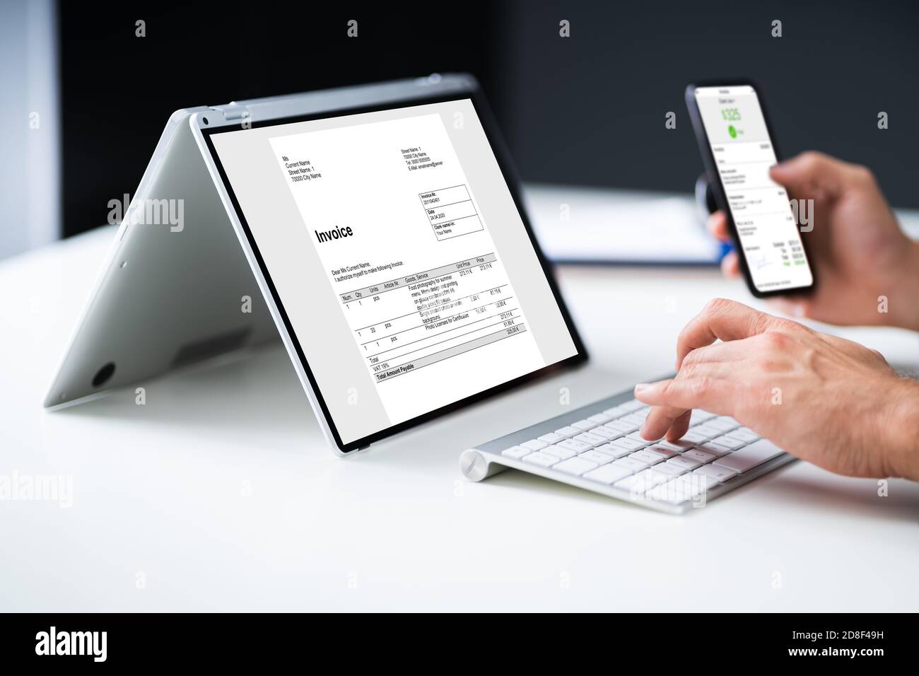 Digital Invoice Document On Tablet Or Laptop. Accountant Tech Stock ...