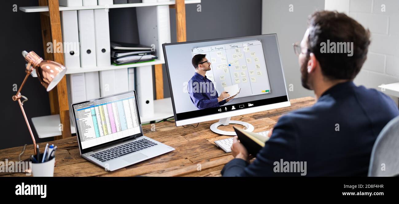 Virtual Online Coaching Meeting On Lecture Tutorial Stock Photo - Alamy
