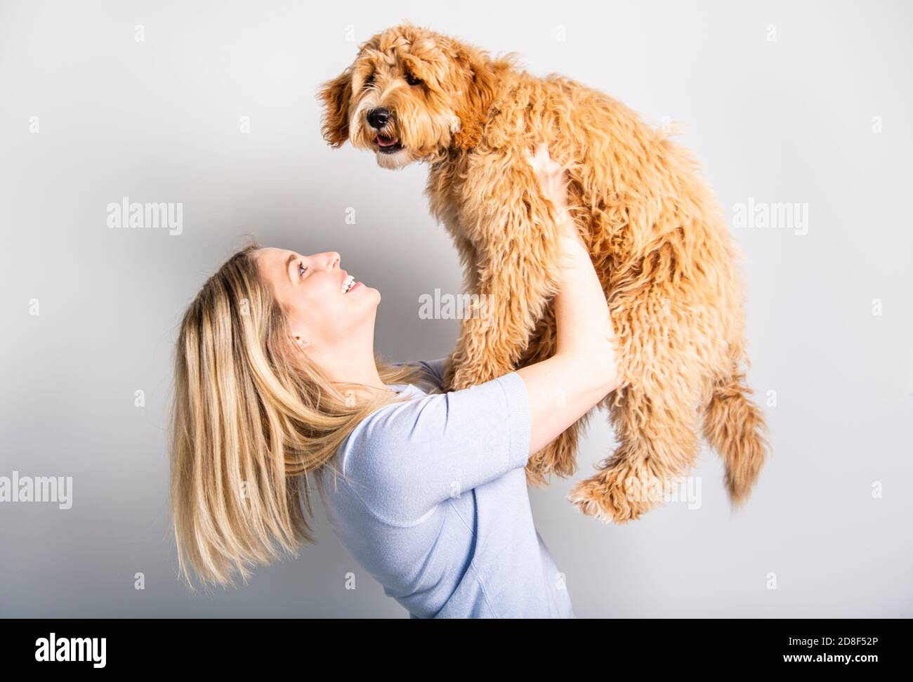woman with his Golden Labradoodle dog isolated on white background ...
