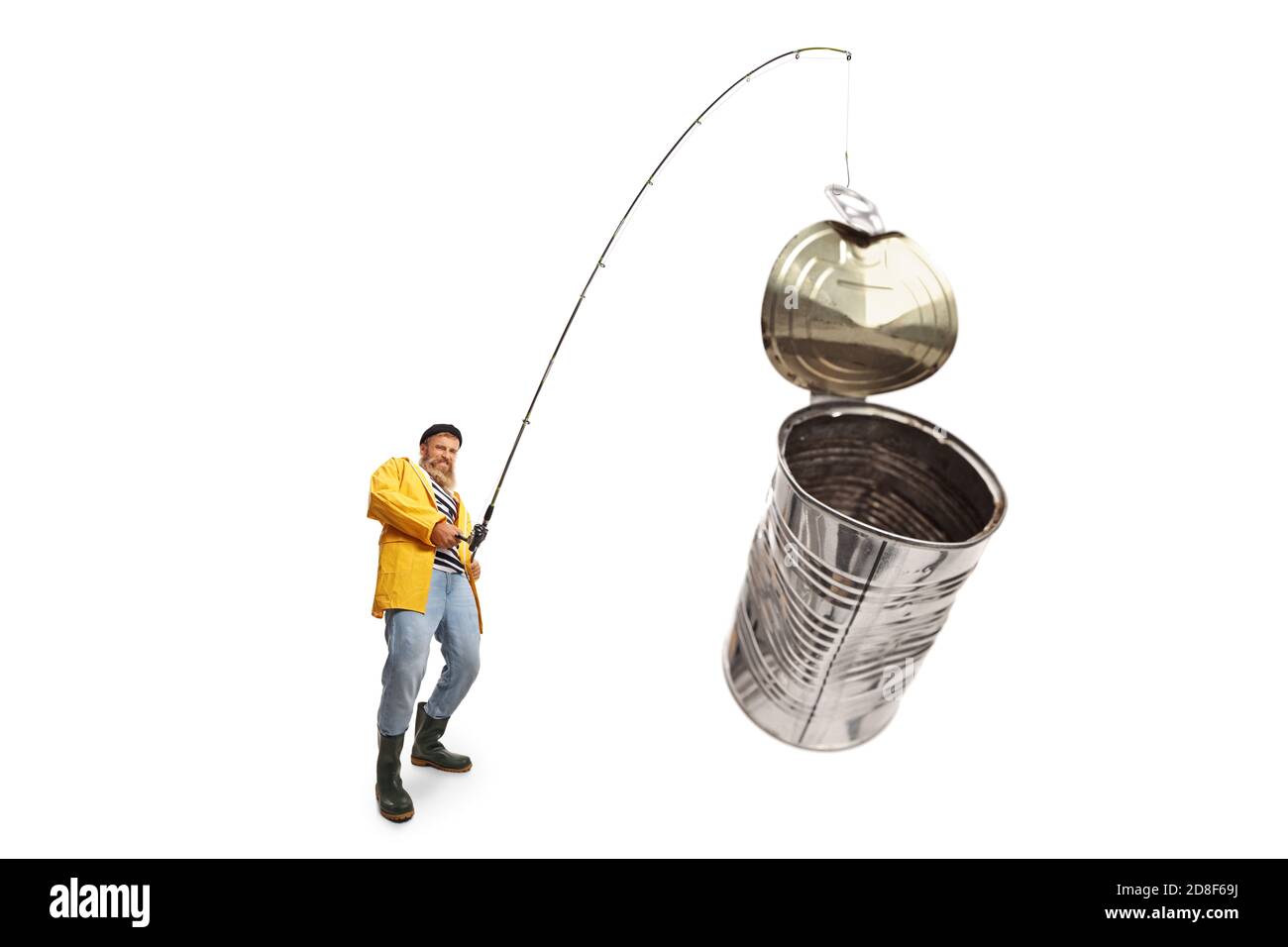 Fisherman catching tin can on a fishing rod isolated on white ...