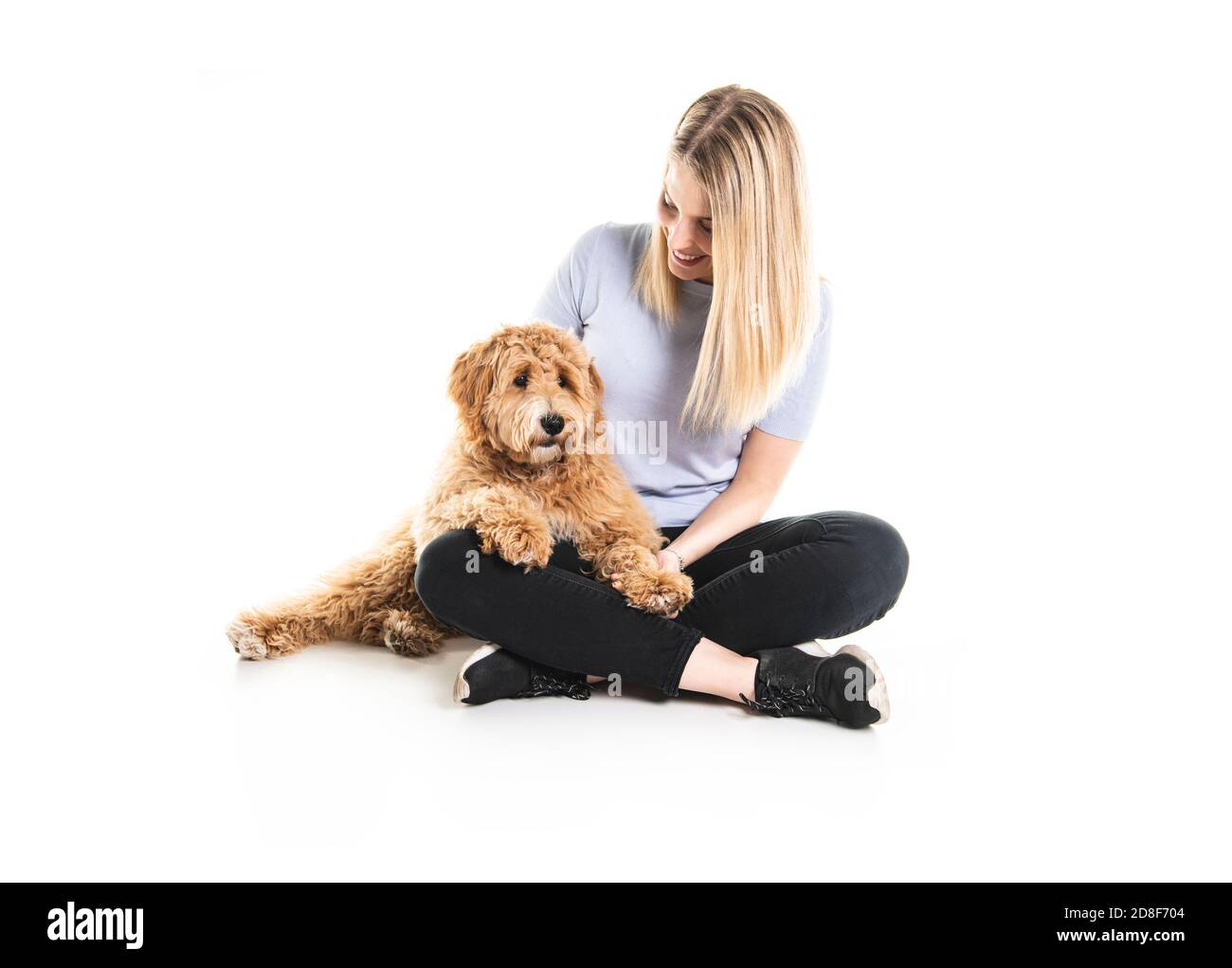 woman with his Golden Labradoodle dog isolated on white background ...
