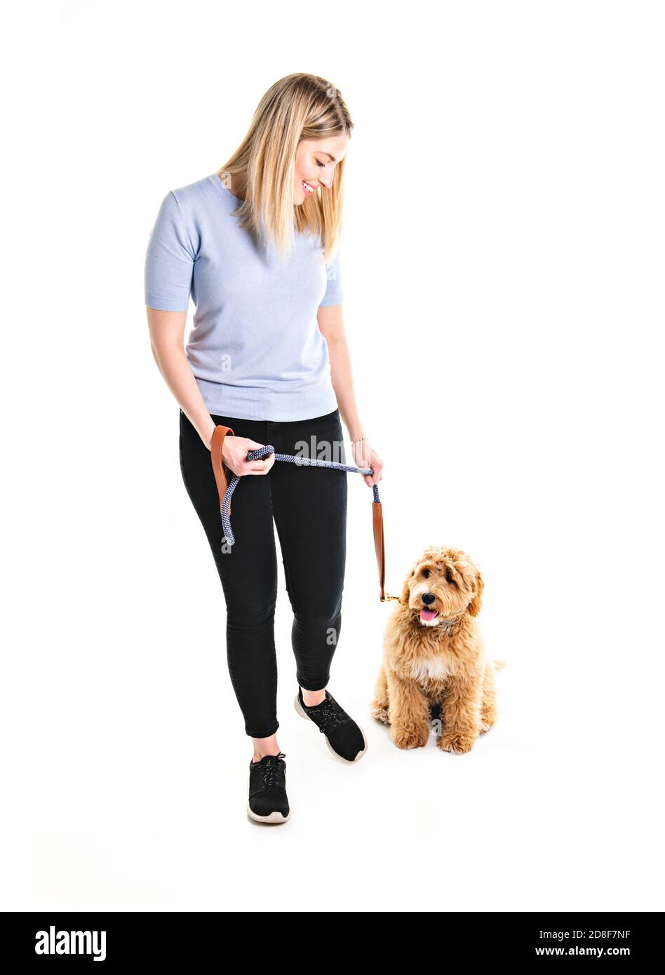 woman with his Golden Labradoodle dog isolated on white background ...