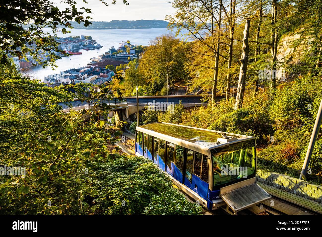 The funicular Fløibanen on its way to the top of Mt. Fløyen in Bergen ...
