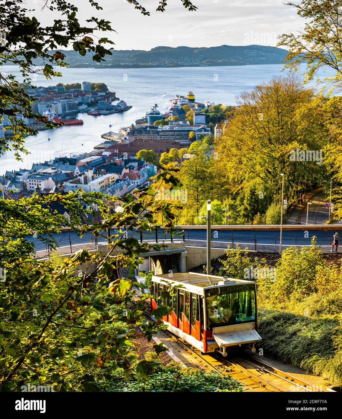 The funicular Fløibanen on its way to the top of Mt. Fløyen in Bergen ...