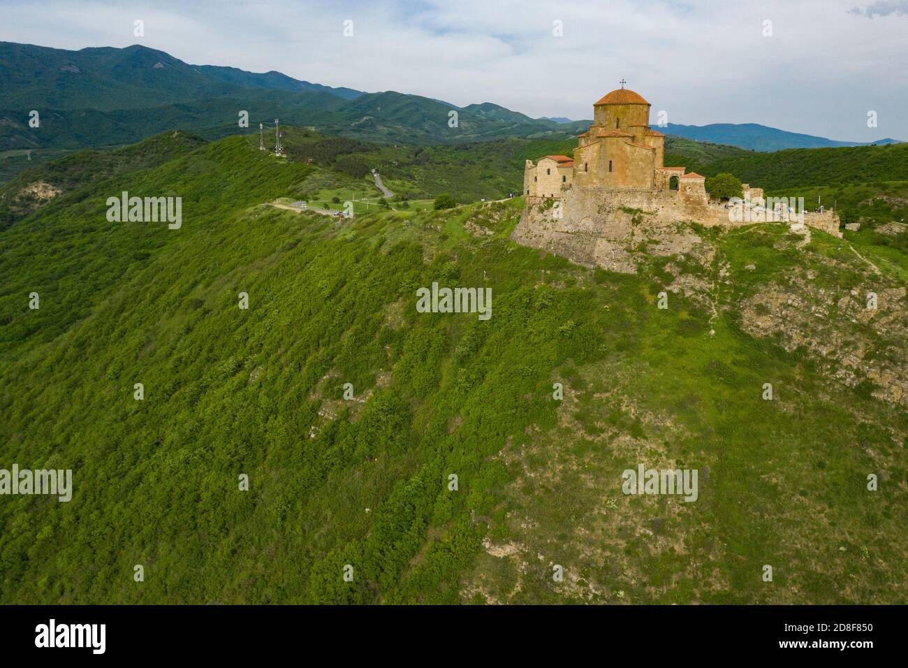Exterior aerial view of hilltop Jvari church, one of Georgia's most ...