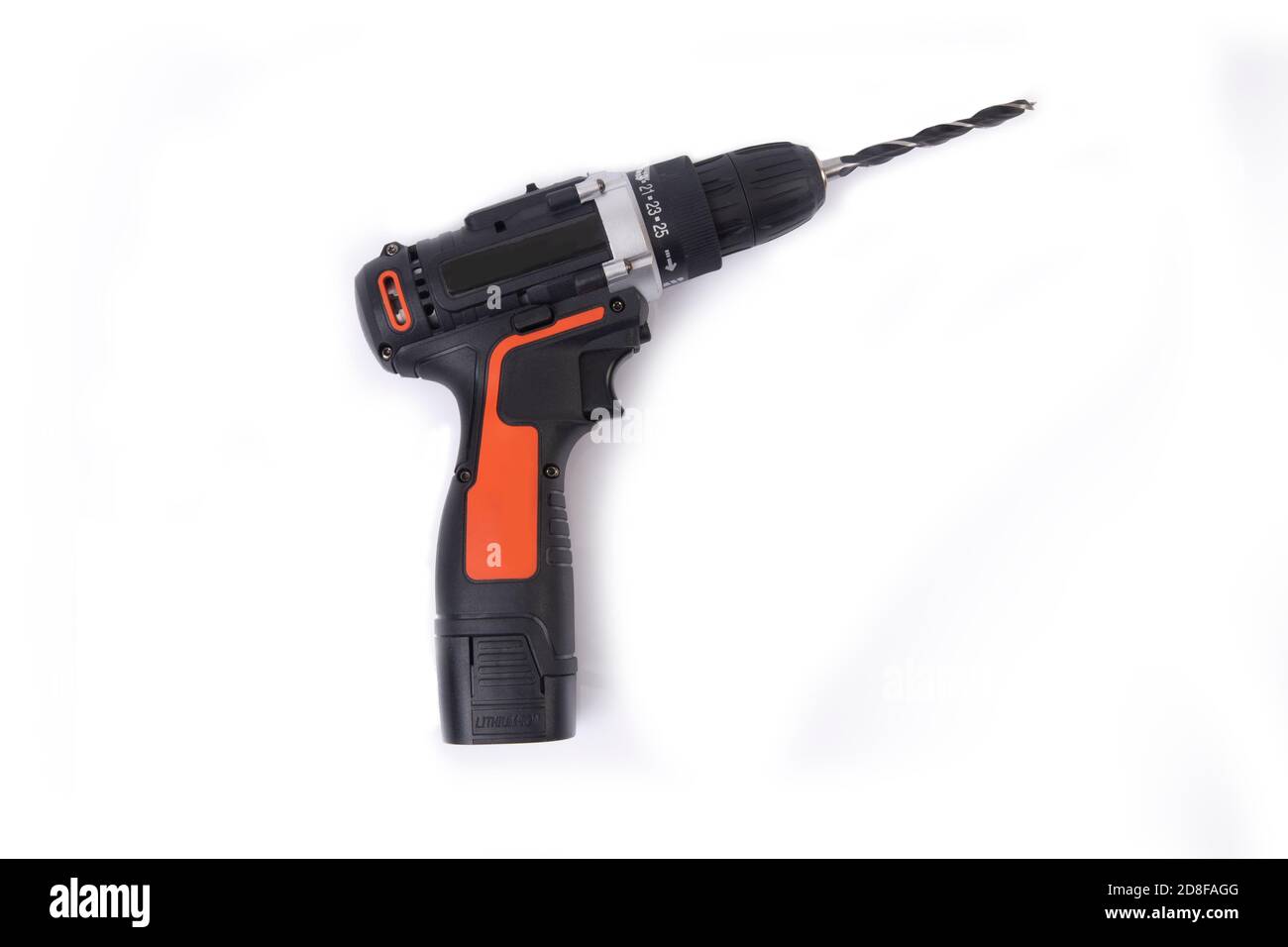 Side view of handheld electric drill for wood work on white background ...