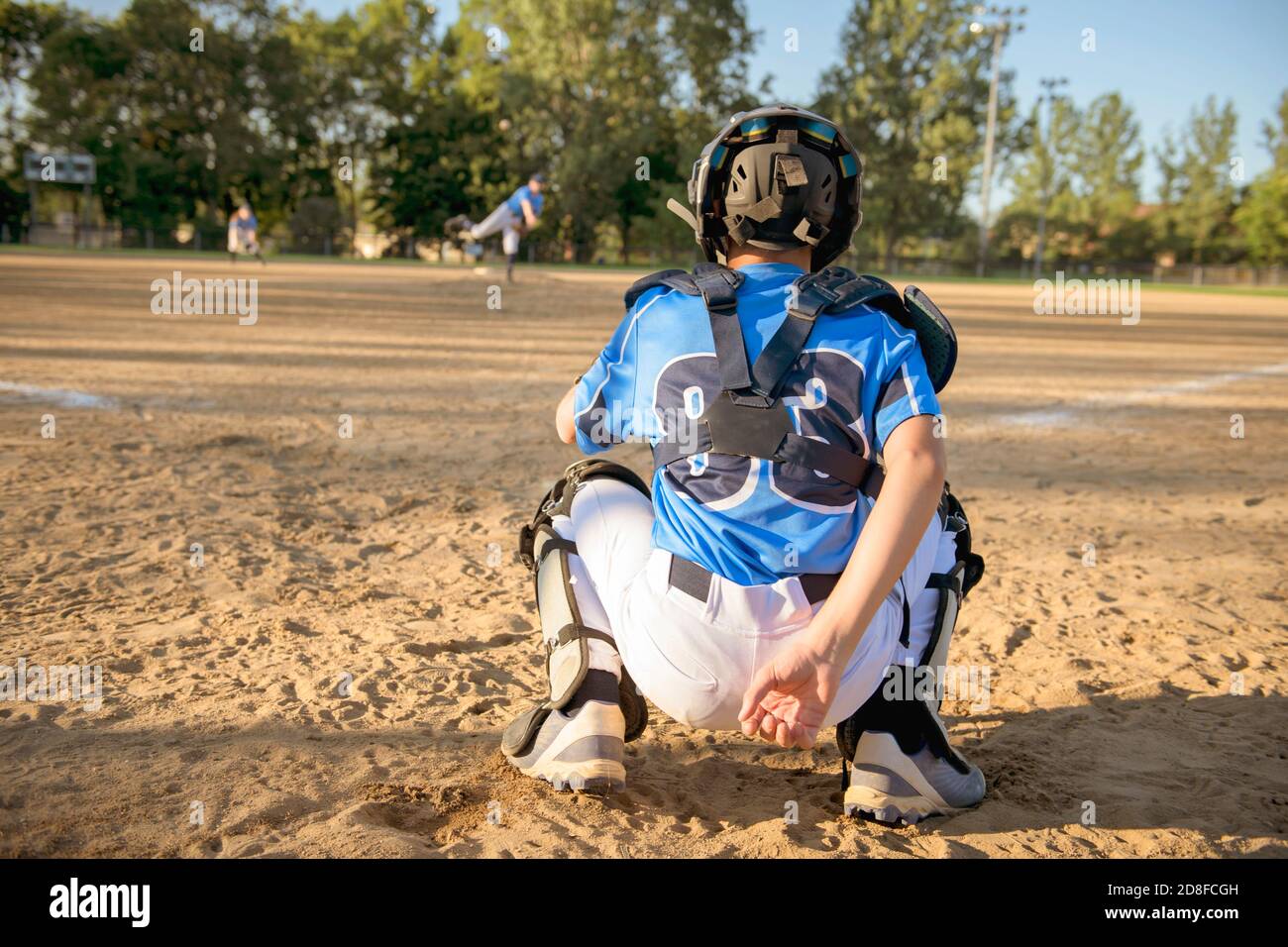 A children baseball catcher players from behind standing on the ...