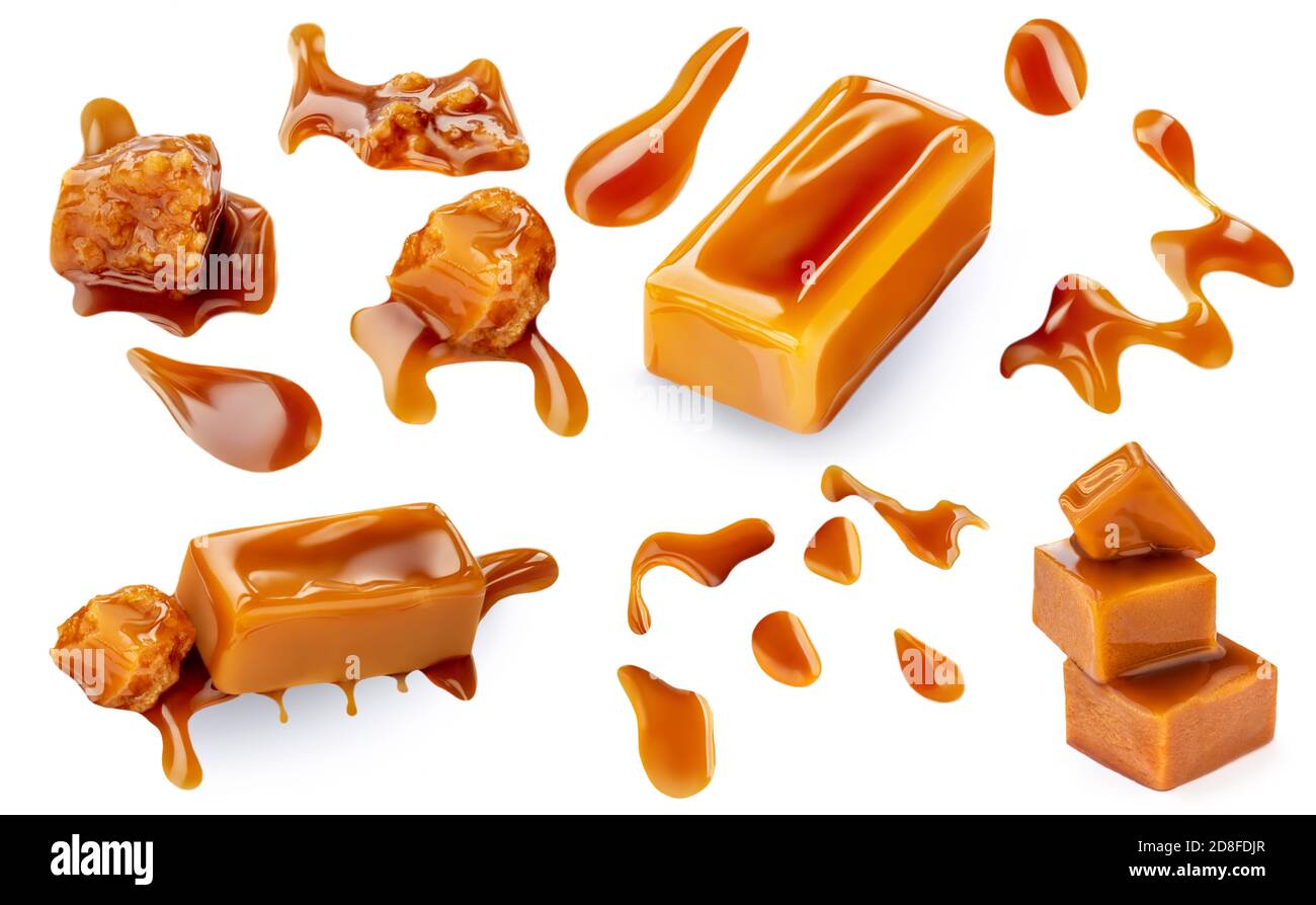 Caramel candies and sauce on white background. Flat set of caramel ...