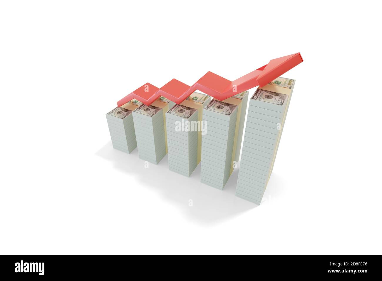 Growth bar chart with stacks of 100 dollar bills in three dimensions ...
