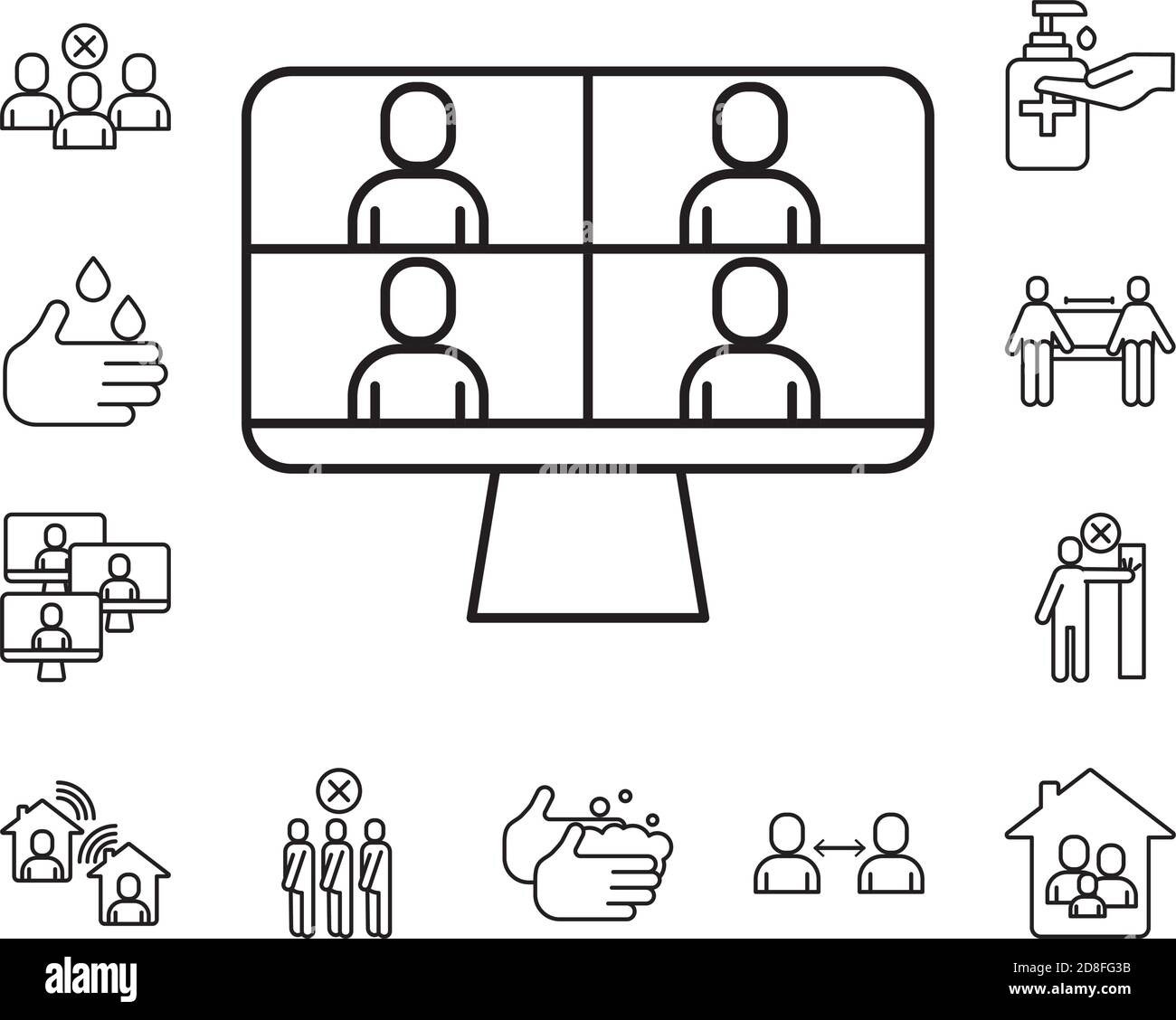 people in teleconference with desktop and bundle line style icons ...