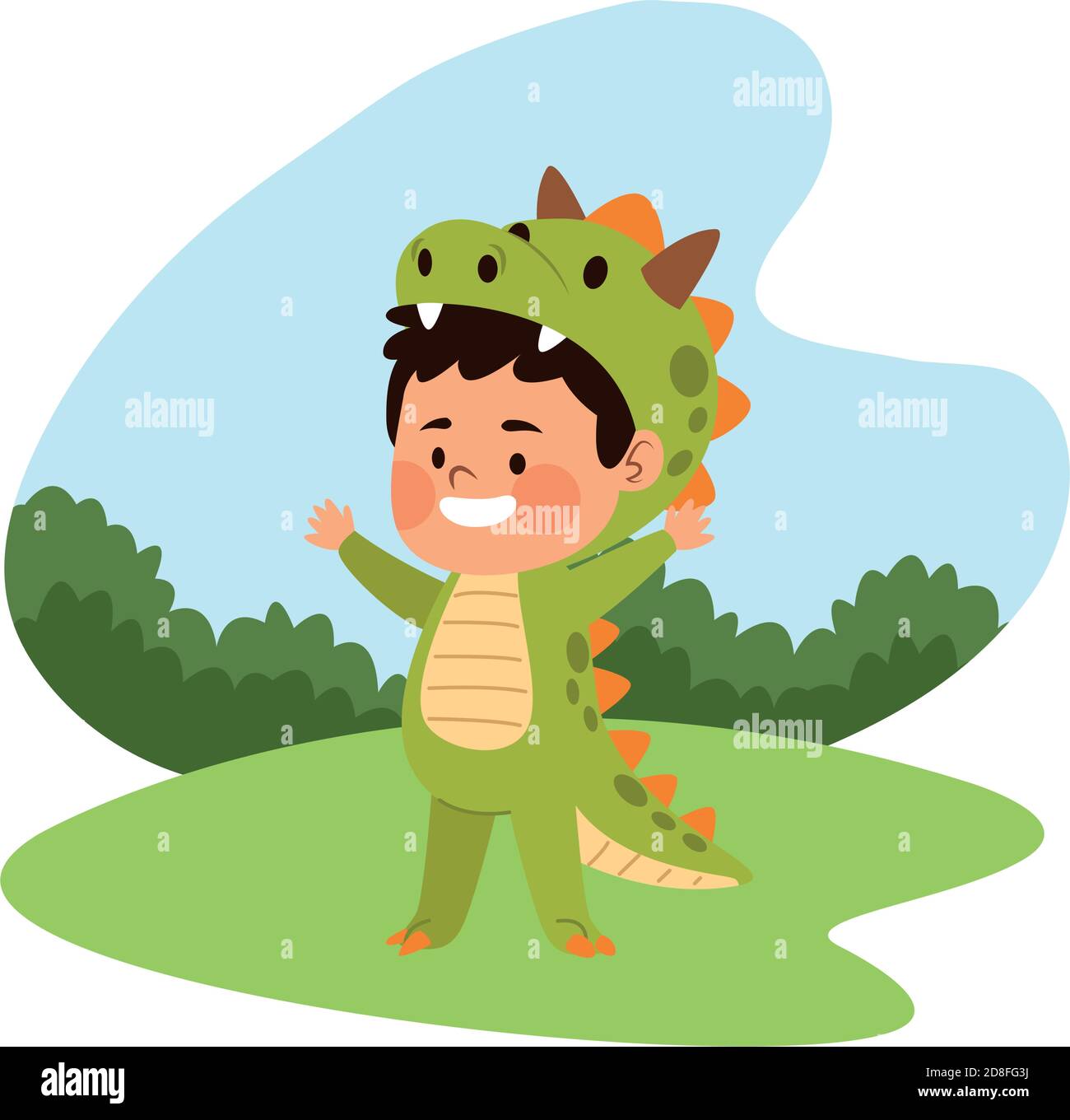 cute little boy dressed as a dinosaur character vector illustration ...