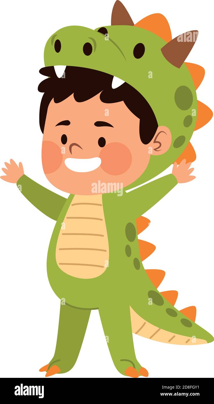 cute little boy dressed as a dinosaur character vector illustration ...