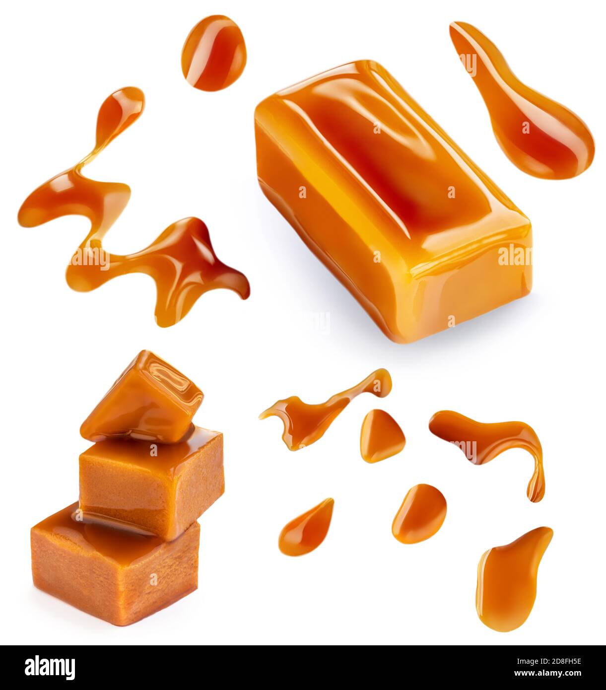 Sweet caramel set with melted sauce and caramel candies isolated on ...
