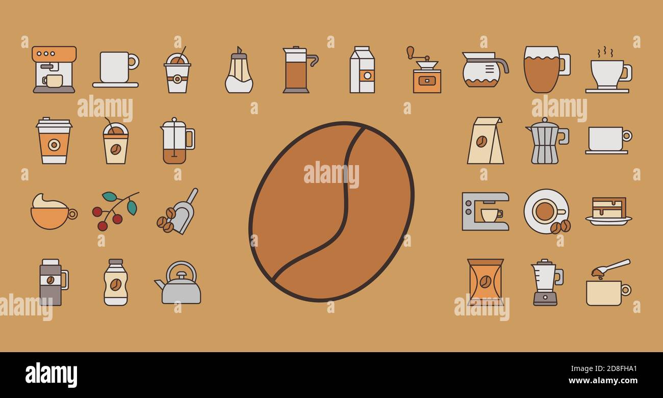 grain with bundle of coffee set fill style icons vector illustration ...