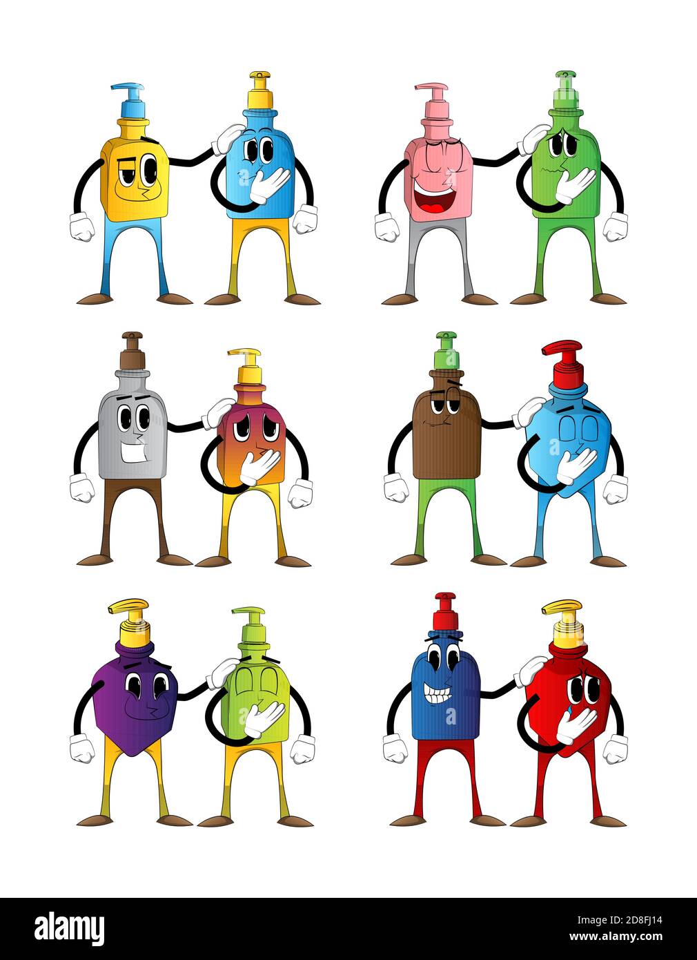 Cartoon bottles of hand sanitizer gel for hygiene with face comforting ...