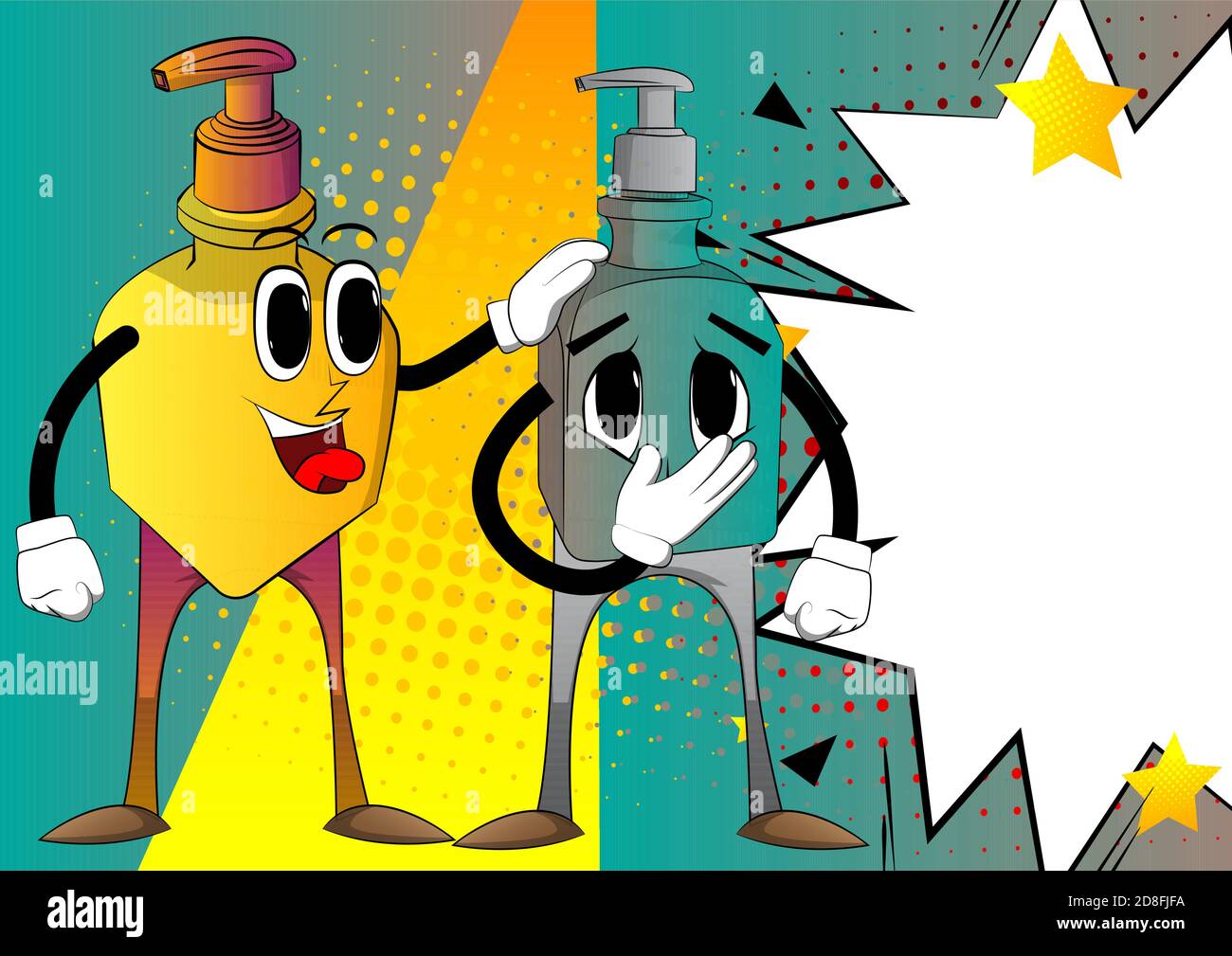 Cartoon bottles of hand sanitizer gel for hygiene with face comforting ...