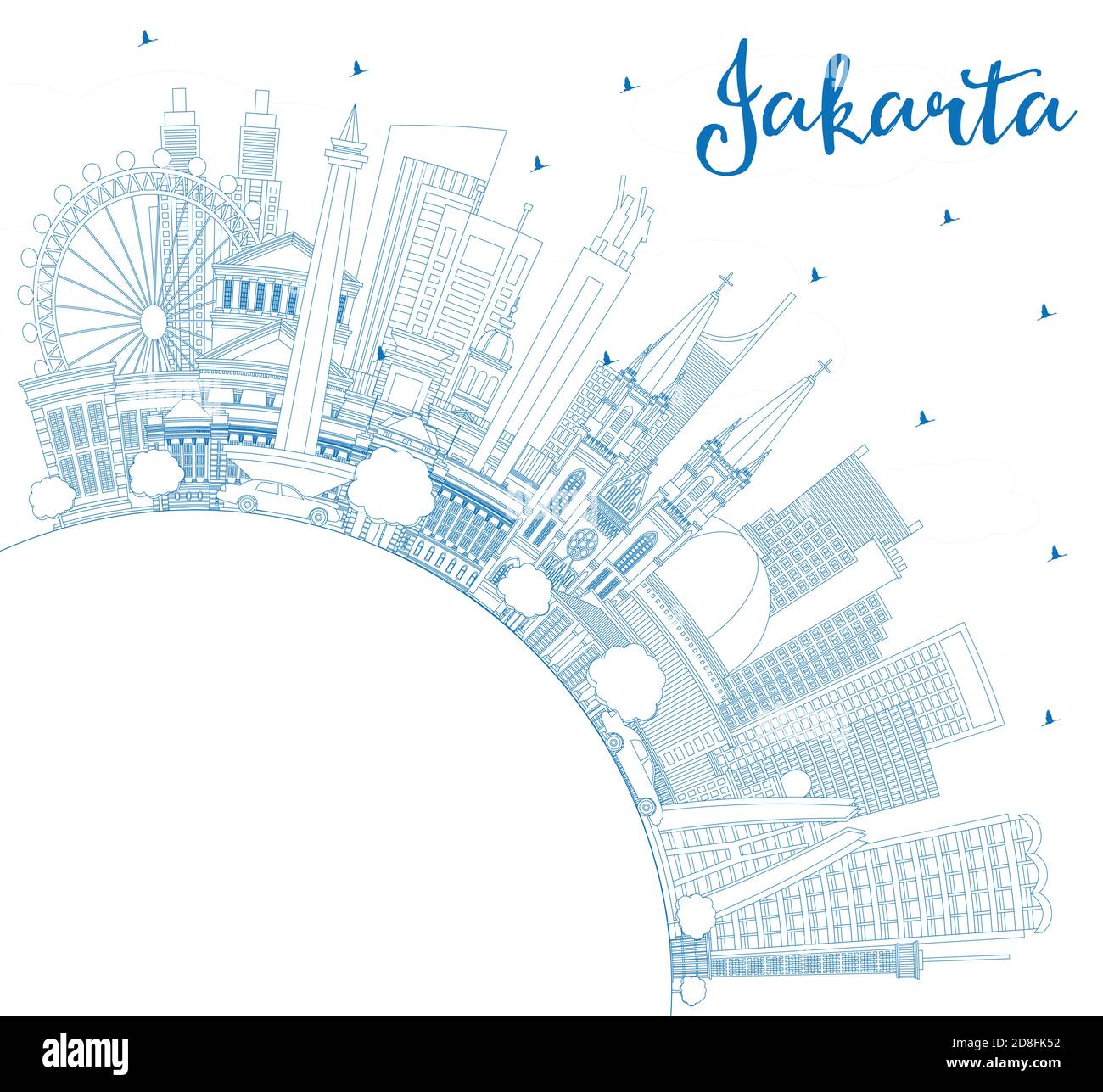 Outline Jakarta Indonesia City Skyline with Blue Buildings and Copy ...