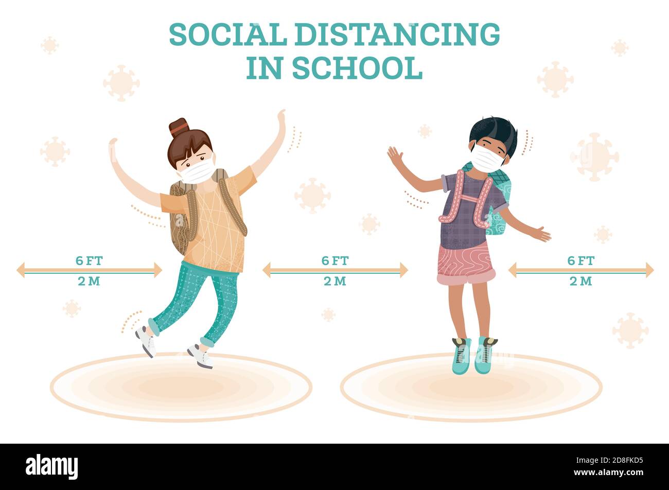 Social Distancing in School. Young Girl and Boy Jumping Together. New ...