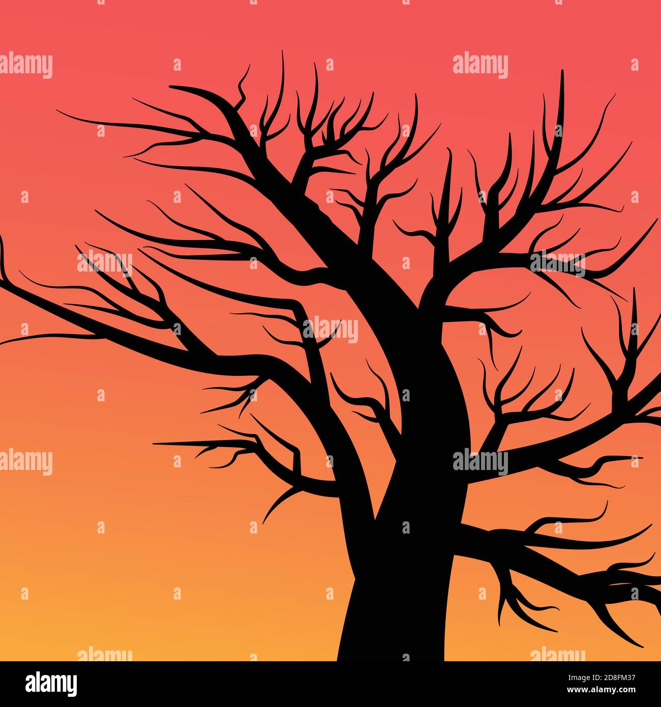 Vector tree with evening sky. Evening tree with sunset. Beautiful ...
