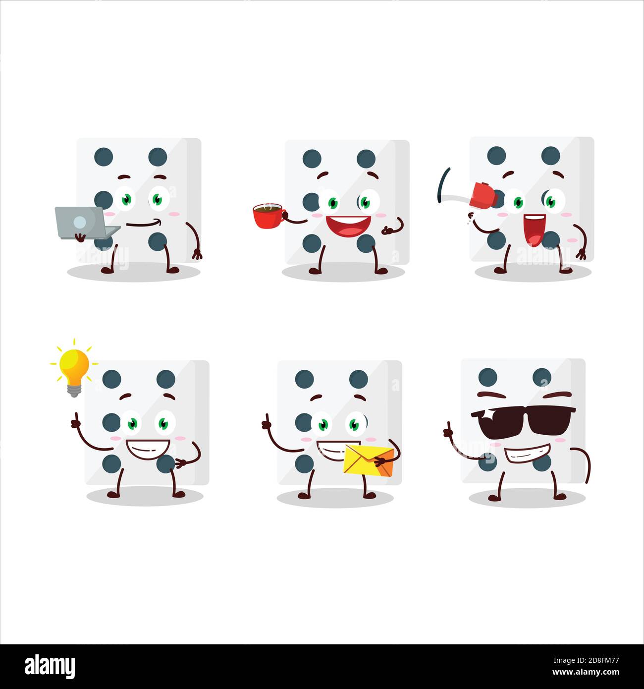 White dice cartoon character with various types of business emoticons ...