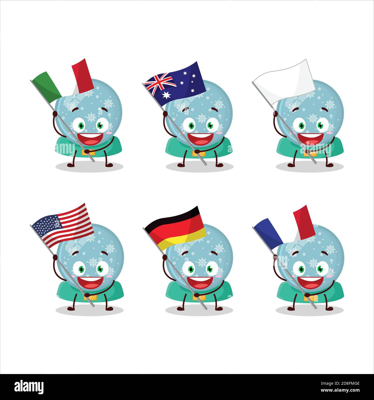 Snowball with snowfall cartoon character bring the flags of various ...