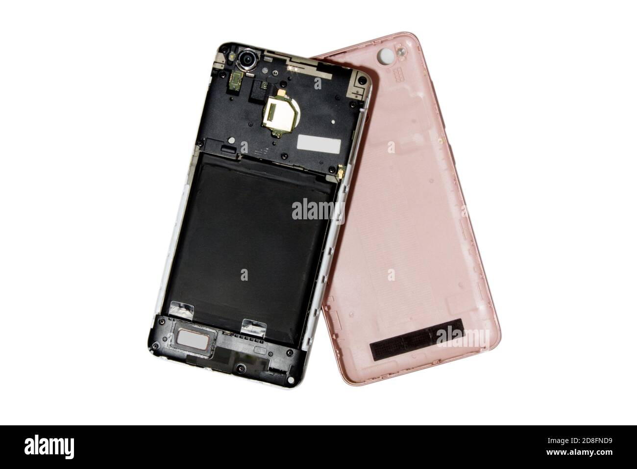 Smartphone and the back cover removed from it, top view. Theme of phone ...