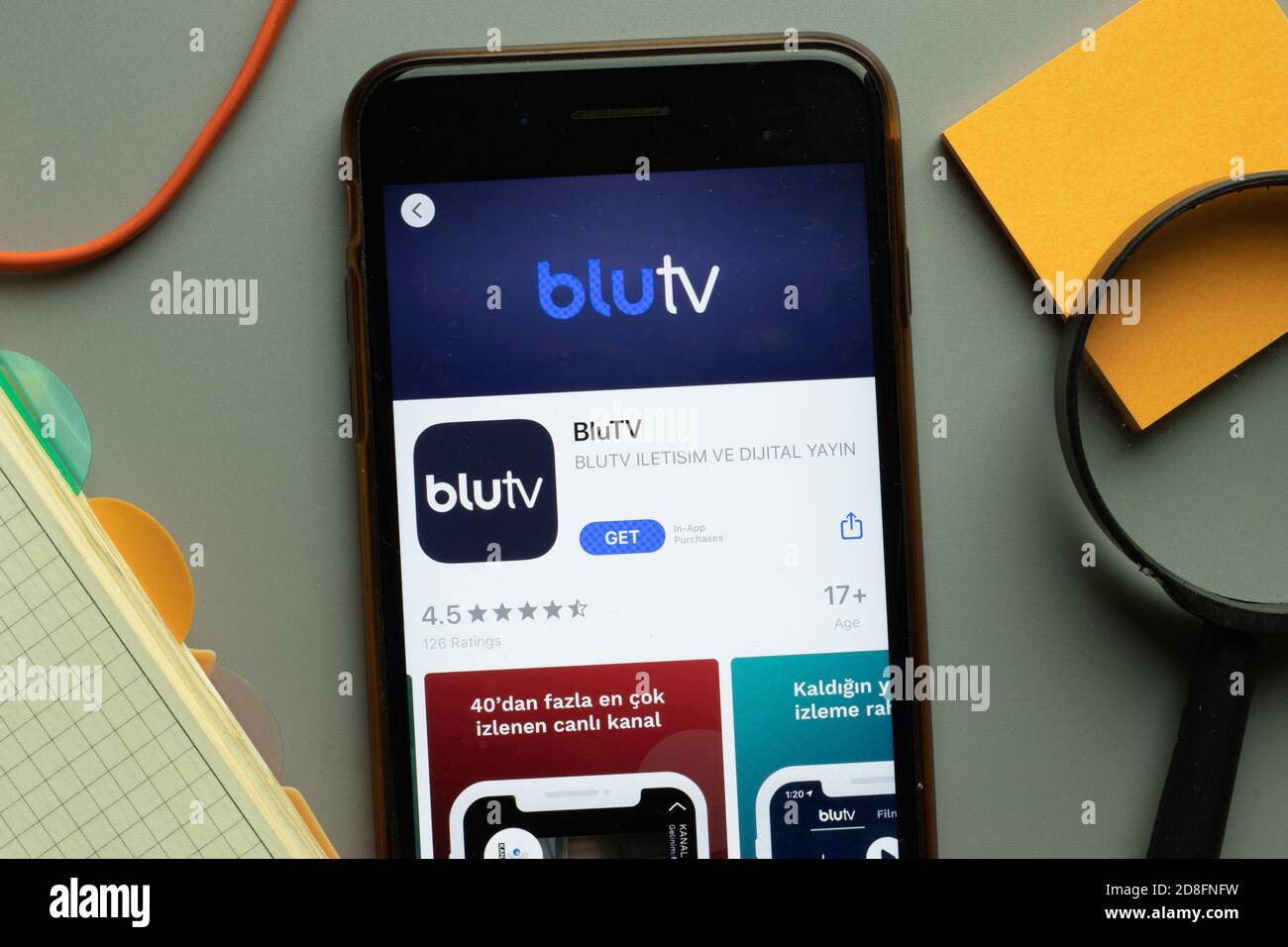 New York, USA - 26 October 2020: BluTV mobile app logo on phone screen ...