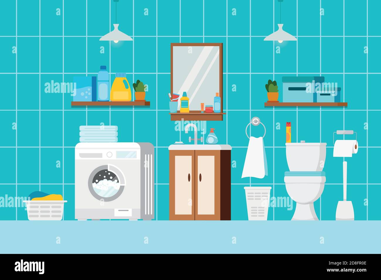 Bathroom interior with furniture, cosmetic beauty products, toilet and ...