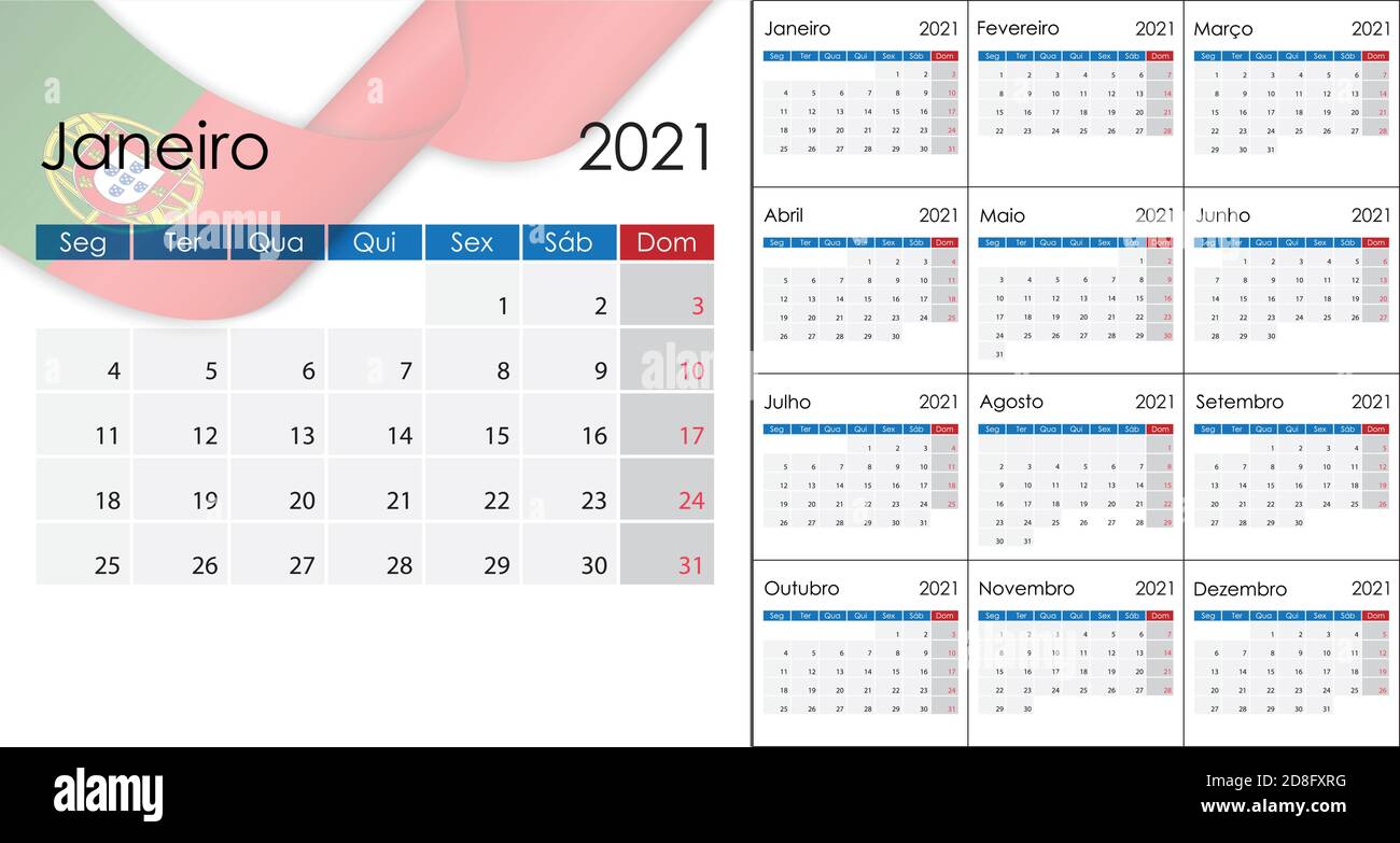 Simple Calendar 2021 on Portuguese language, European version,week ...