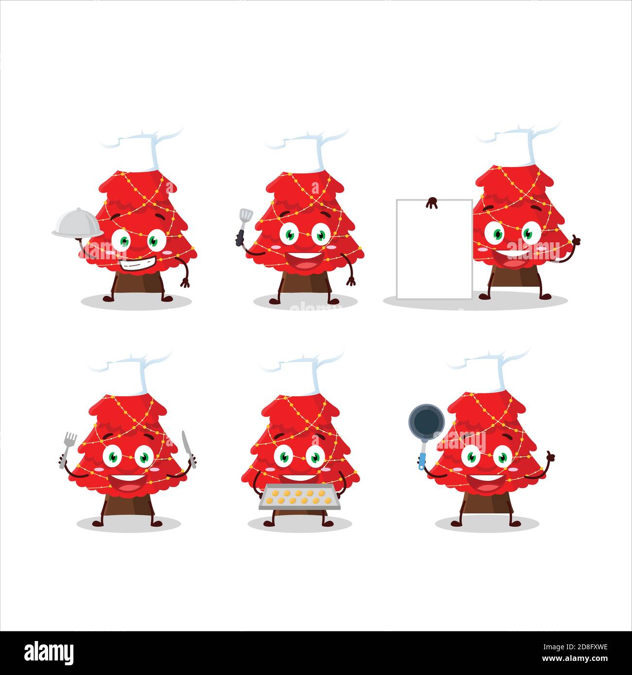 Cartoon character of red christmas tree with various chef emoticons ...