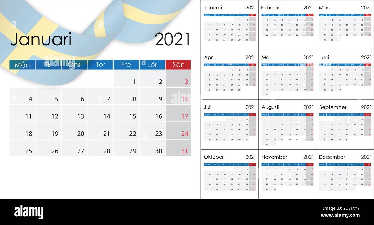 Simple Calendar 2021 on Swedish language, week start on Monday Stock ...