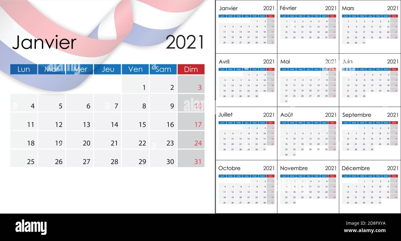 Simple Calendar 2021 on French language, week start on Monday Stock ...