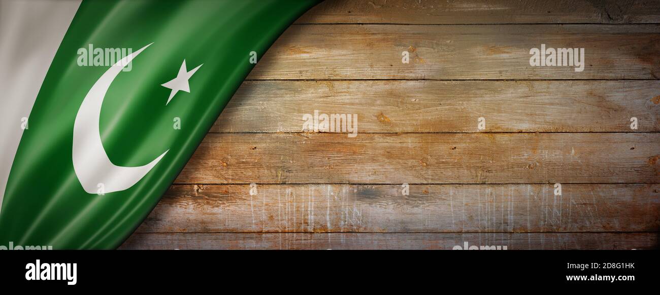 Pakistan flag on vintage wood wall. Horizontal panoramic banner Stock ...